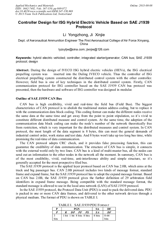 Controller Design for ISG Hybrid Electric Vehicle Based on SAE J1939 ...
