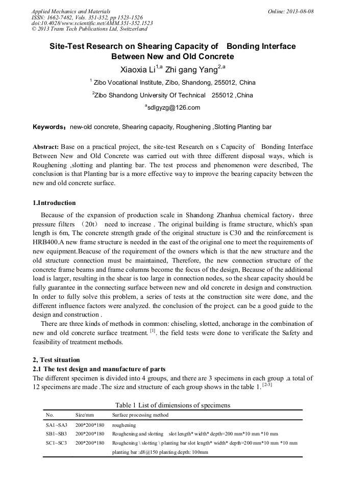 Site-Test Research on Shearing Capacity of Bonding Interface between ...