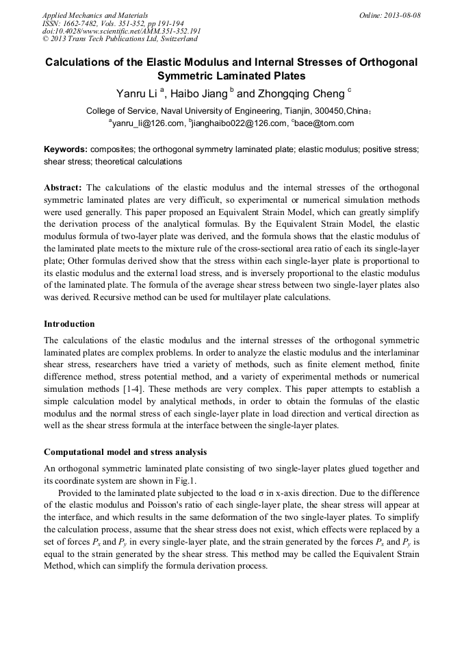 Calculations of the Elastic Modulus and Internal Stresses of Orthogonal ...