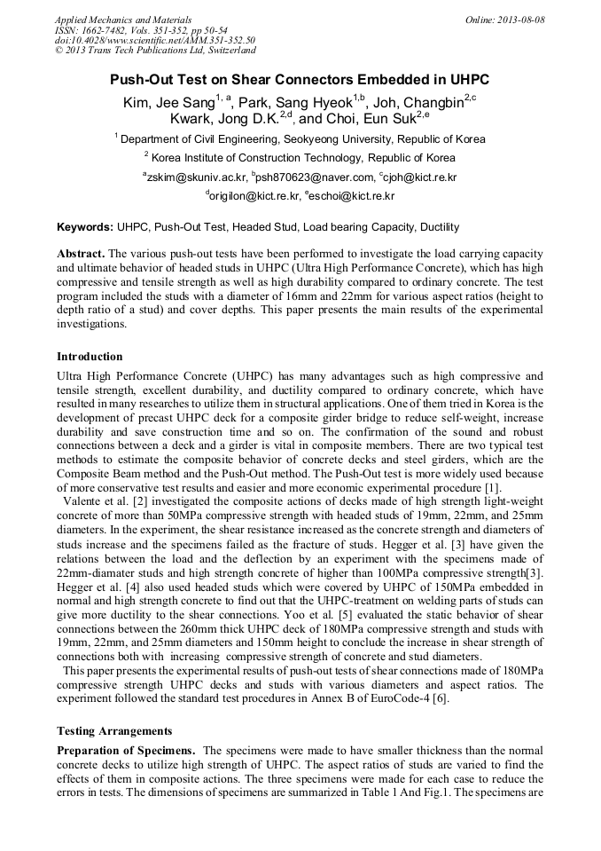 Push-Out Test on Shear Connectors Embedded in UHPC | Scientific.Net