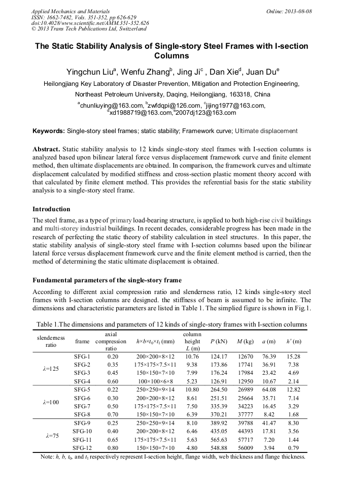 The Static Stability Analysis of Single-Story Steel Frames with I ...