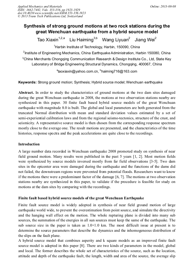 Synthesis of Strong Ground Motions at Two Rock Stations during the ...