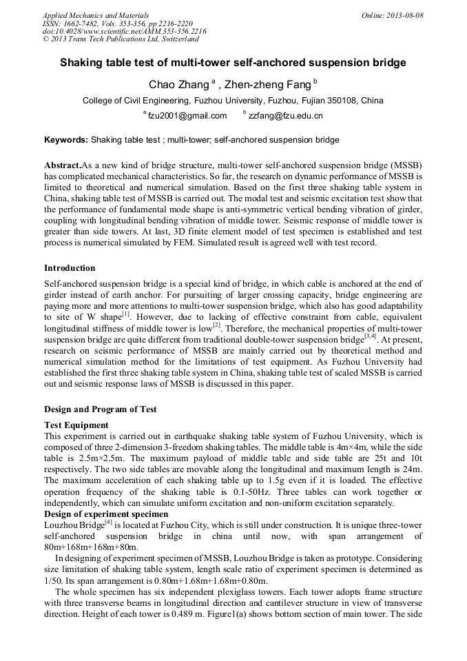 Shaking Table Test of Multi-Tower Self-Anchored Suspension Bridge ...
