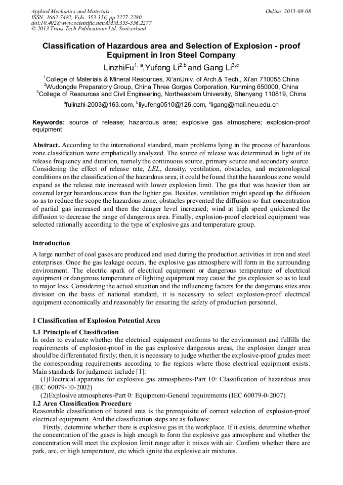 Classification of Hazardous Area and Selection of Explosion - Proof ...