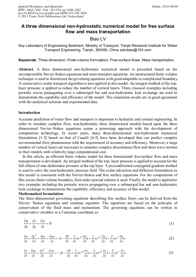 A Three Dimensional Non-Hydrostatic Numerical Model for Free Surface Flow and Mass ...