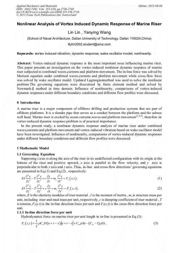 Nonlinear Analysis of Vortex Induced Dynamic Response of Marine Riser ...
