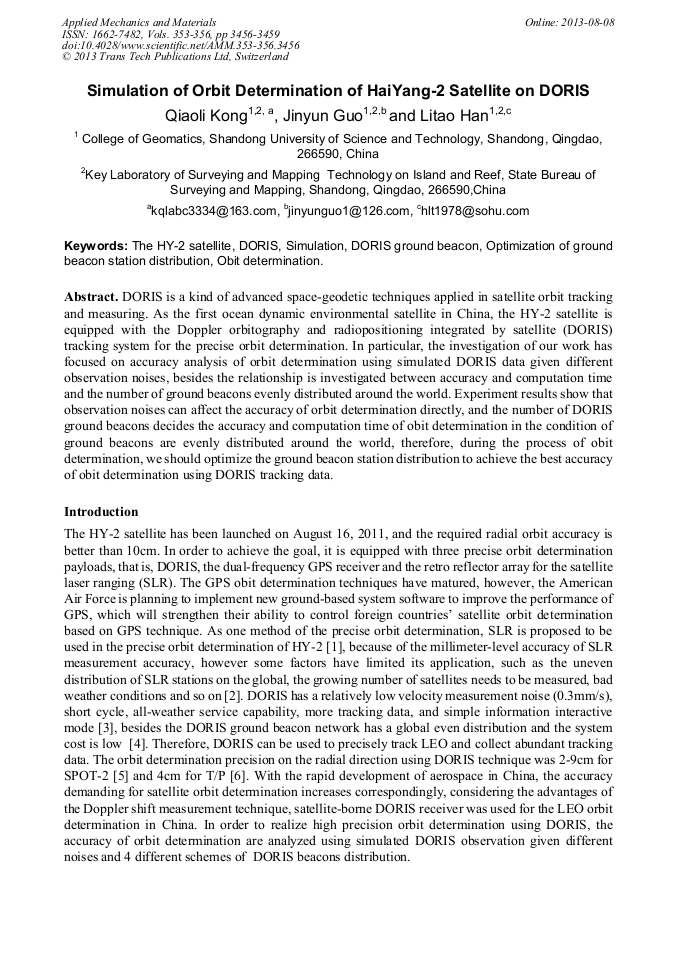 Simulation Of Orbit Determination Of Haiyang 2 Satellite On Doris Scientific Net
