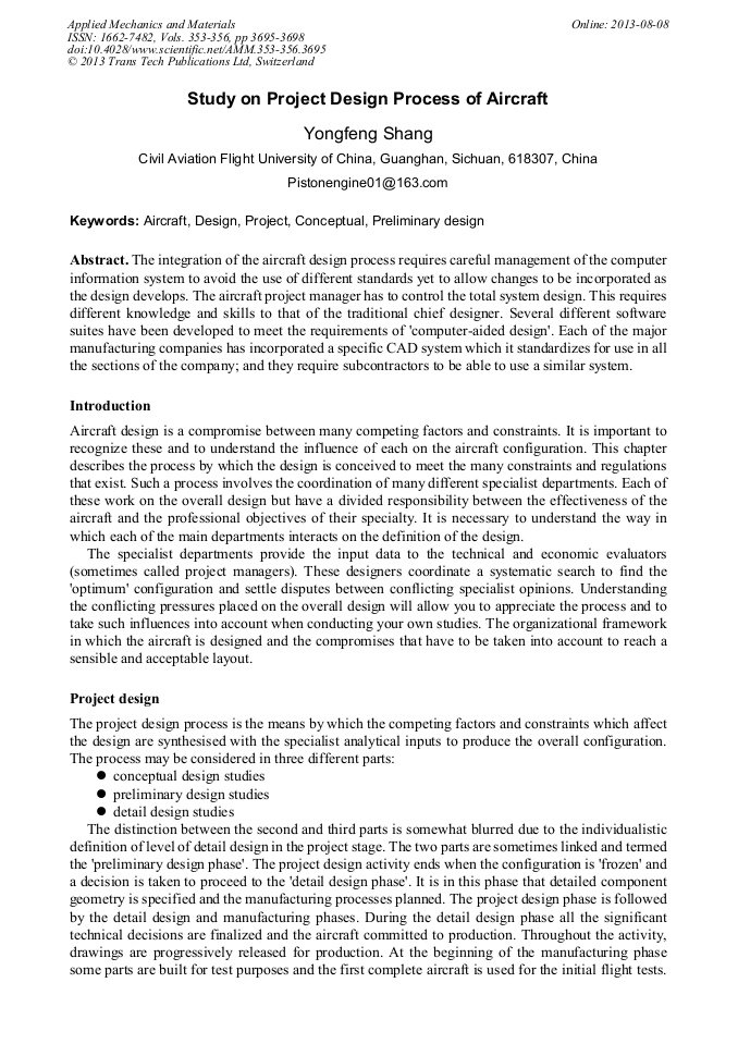 Study on Project Design Process of Aircraft | Scientific.Net