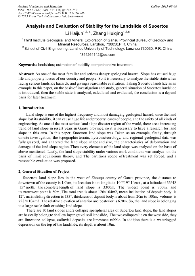 Analysis and Evaluation of Stability for the Landslide of Suoertou | Scientific.Net