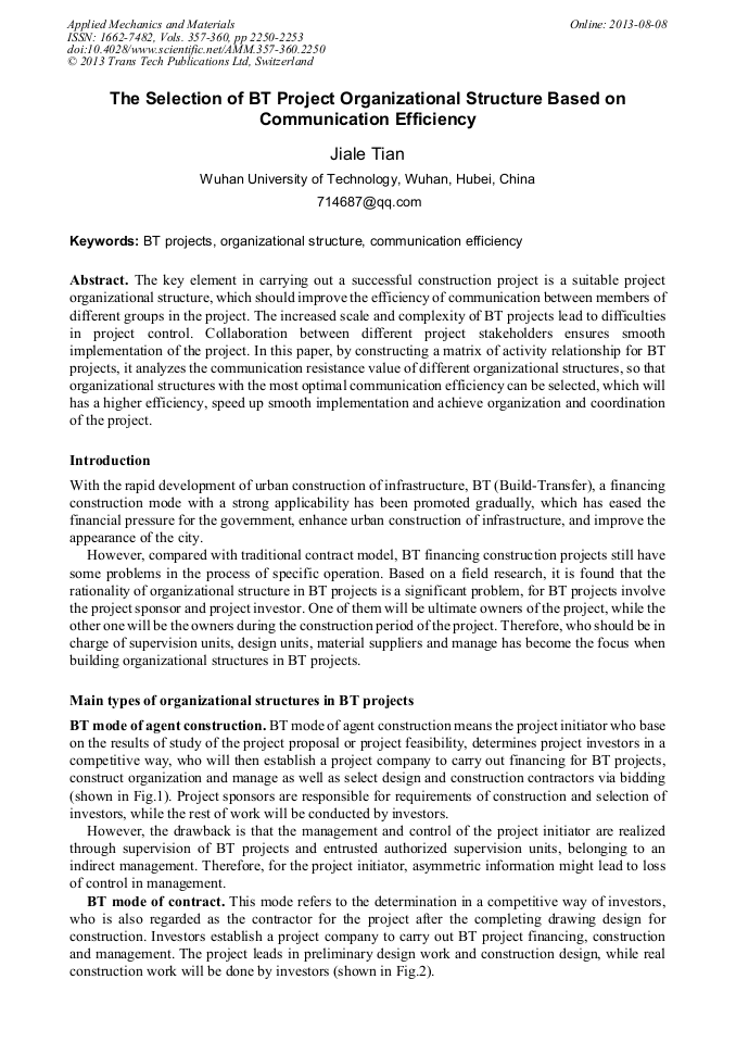 The Selection of BT Project Organizational Structure Based on ...