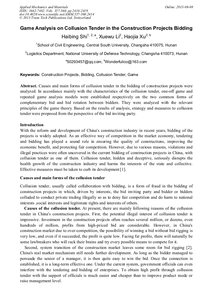 Game Analysis on Collusion Tender in the Construction Projects Bidding ...