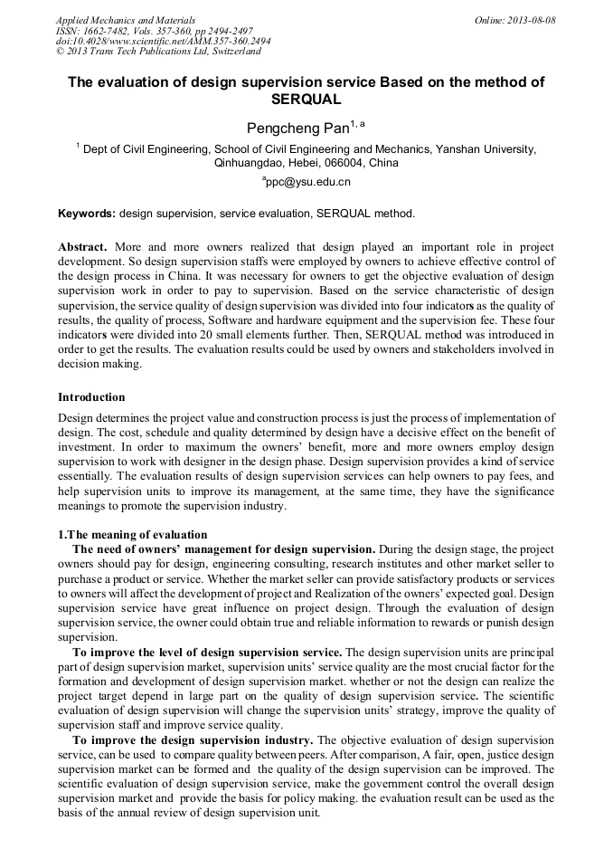 The Evaluation of Design Supervision Service Based on the Method of ...