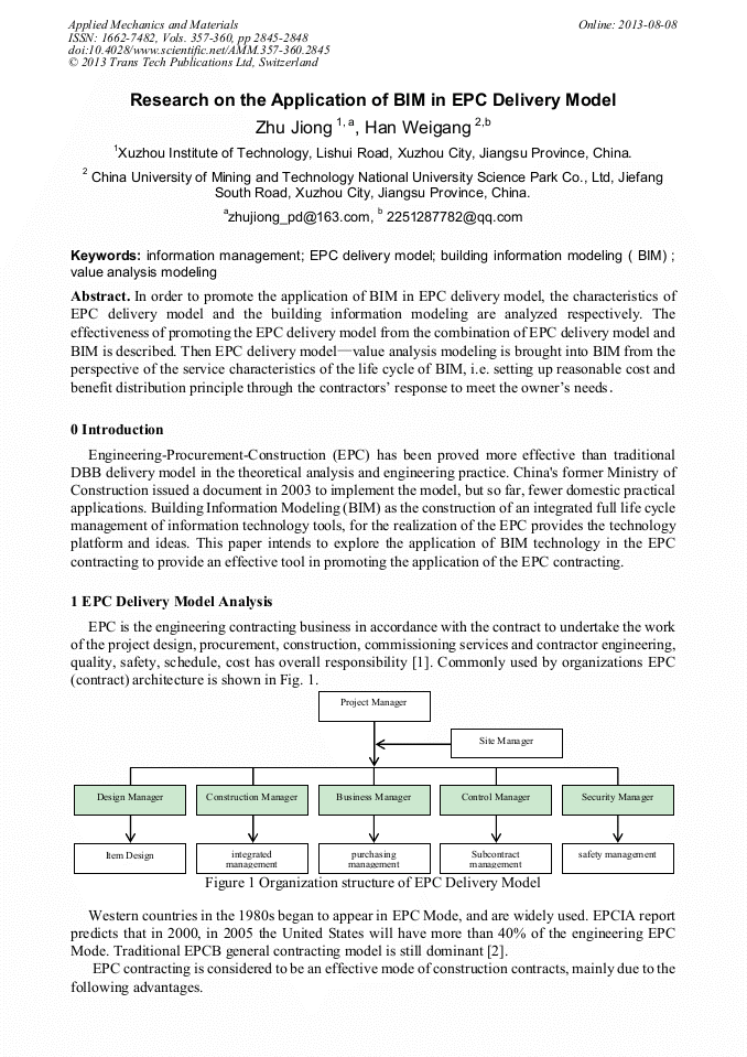Research on the Application of BIM in EPC Delivery Model | Scientific.Net
