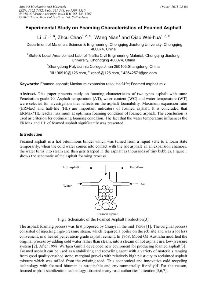 Experimental Study on Foaming Characteristics of Foamed Asphalt ...