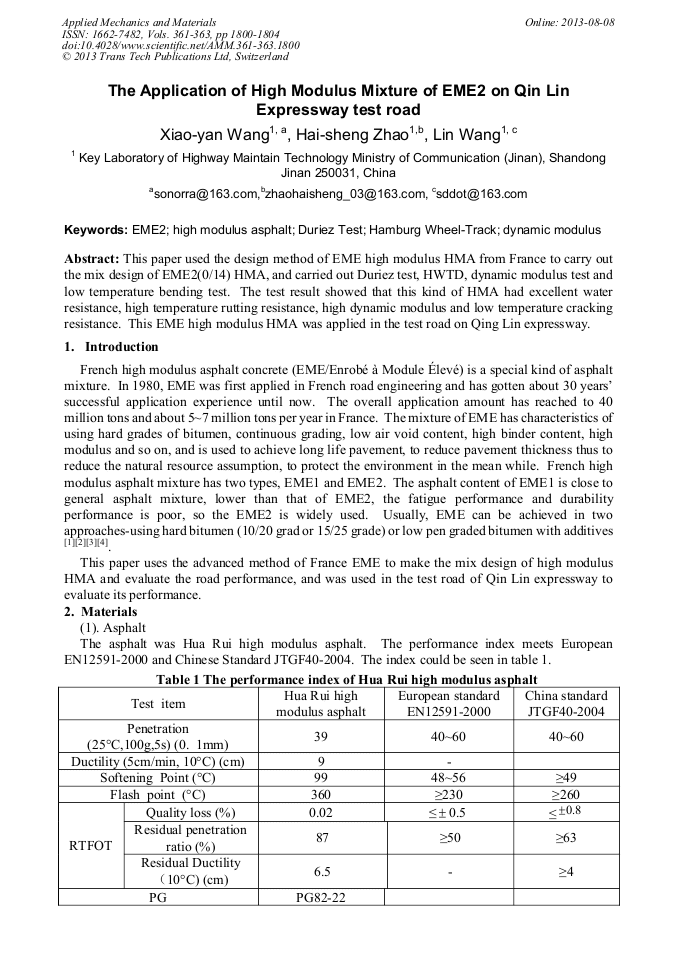 The Application of High Modulus Mixture of EME2 on Qin Lin Expressway ...