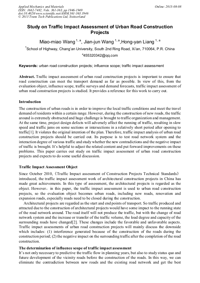 Study on Traffic Impact Assessment of Urban Road Construction Projects ...