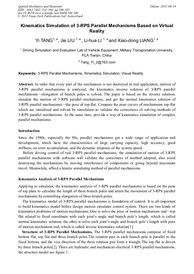 Kinematics Simulation of 3-RPS Parallel Mechanisms Based on Virtual ...