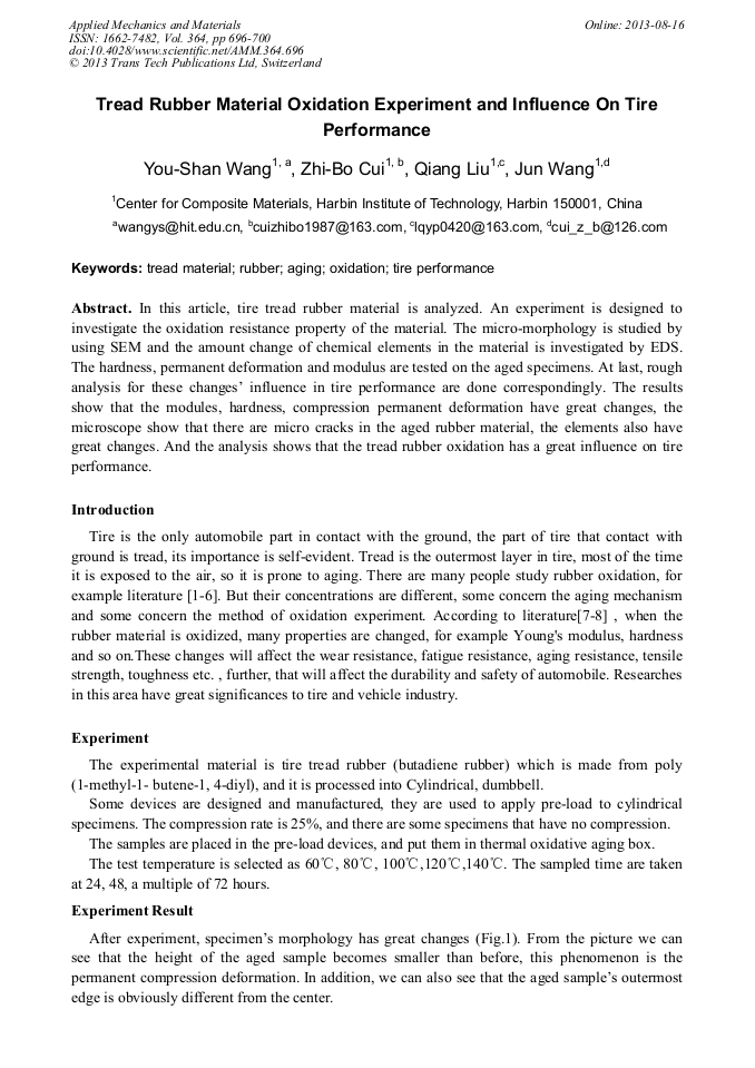 Tread Rubber Material Oxidation Experiment and Influence on Tire ...