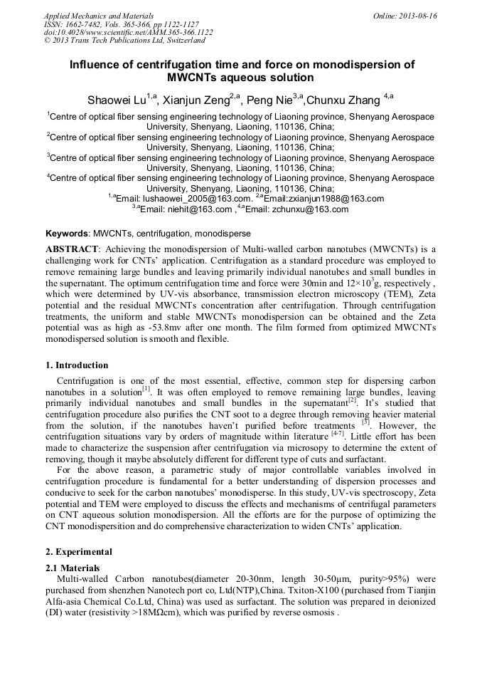 Influence of Centrifugation Time and Force on Monodispersion of MWCNTs ...