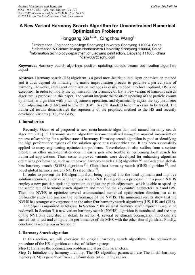 A New Variant Harmony Search Algorithm for Unconstrained Numerical Optimization Problems ...