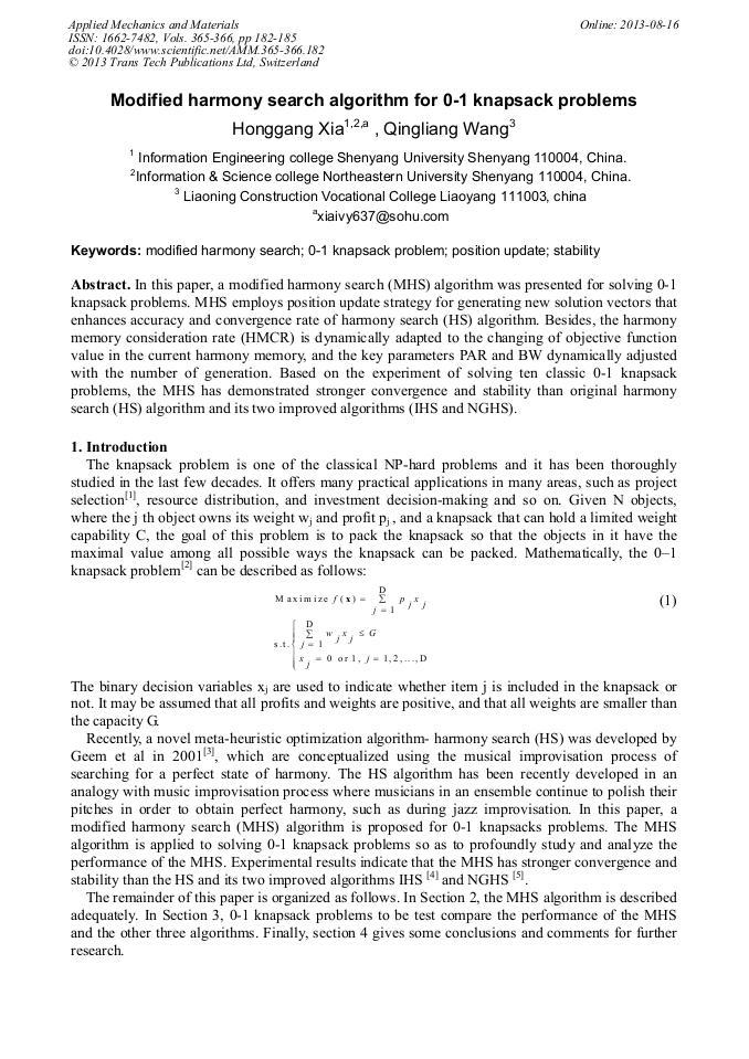 Modified Harmony Search Algorithm for 0-1 Knapsack Problems | Scientific.Net