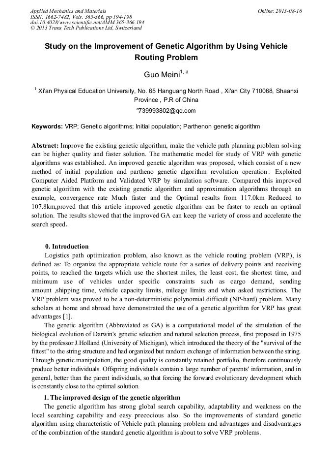 Study on the Improvement of Genetic Algorithm by Using Vehicle Routing ...