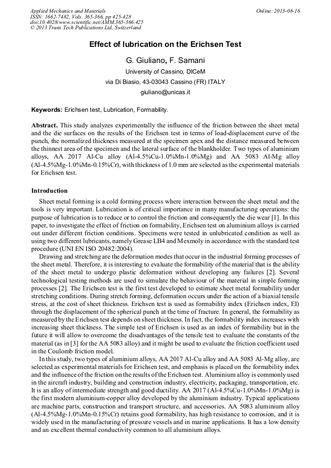 Effect of Lubrication on the Erichsen Test | Scientific.Net