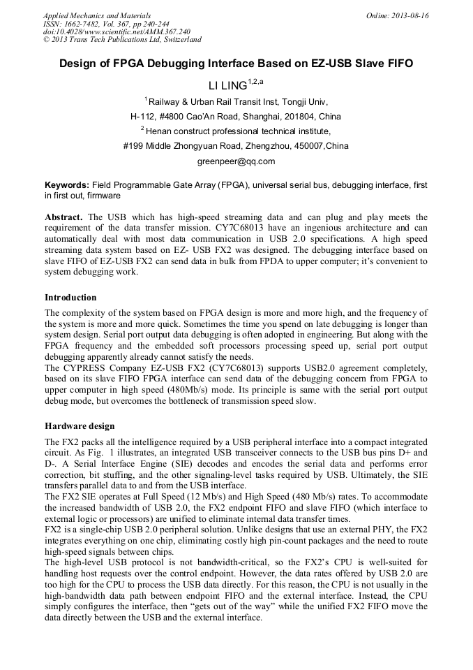 Design of FPGA Debugging Interface Based on EZ-USB Slave FIFO | Scientific.Net