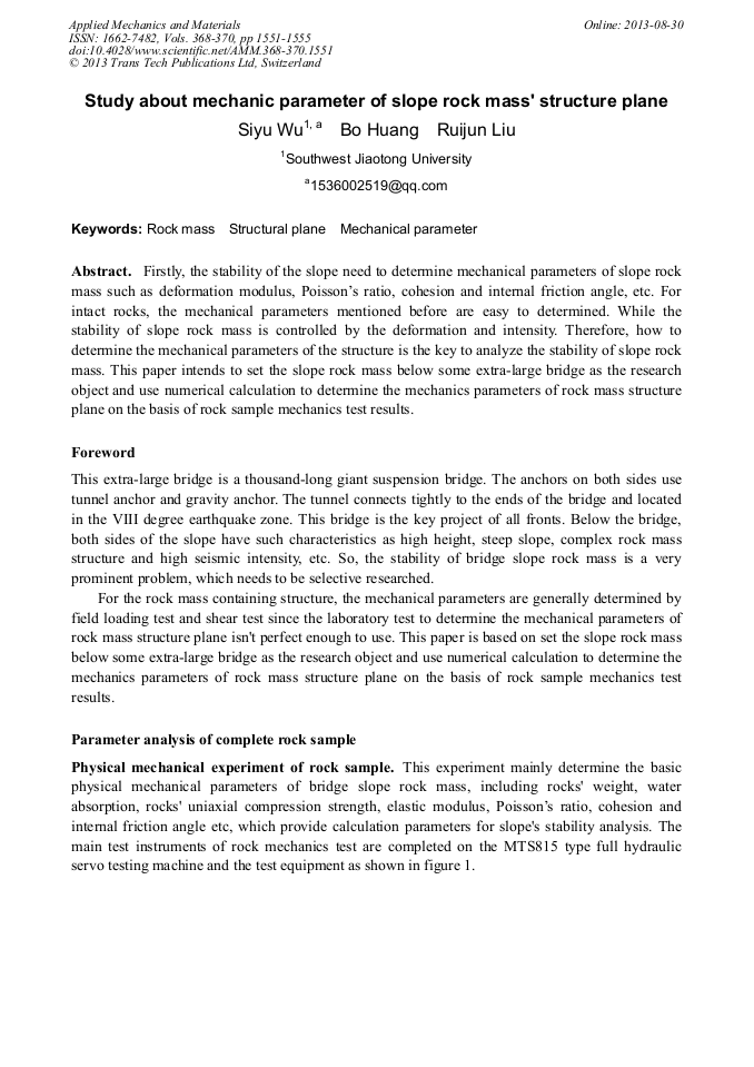 Study about Mechanic Parameter of Slope Rock Mass' Structure Plane ...
