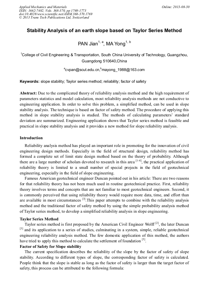 Stability Analysis of an Earth Slope Based on Taylor Series Method ...