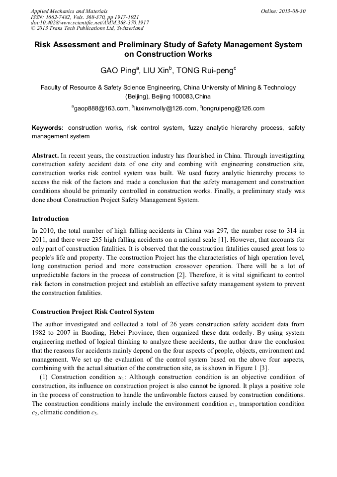 Risk Assessment and Preliminary Study of Safety Management System on ...