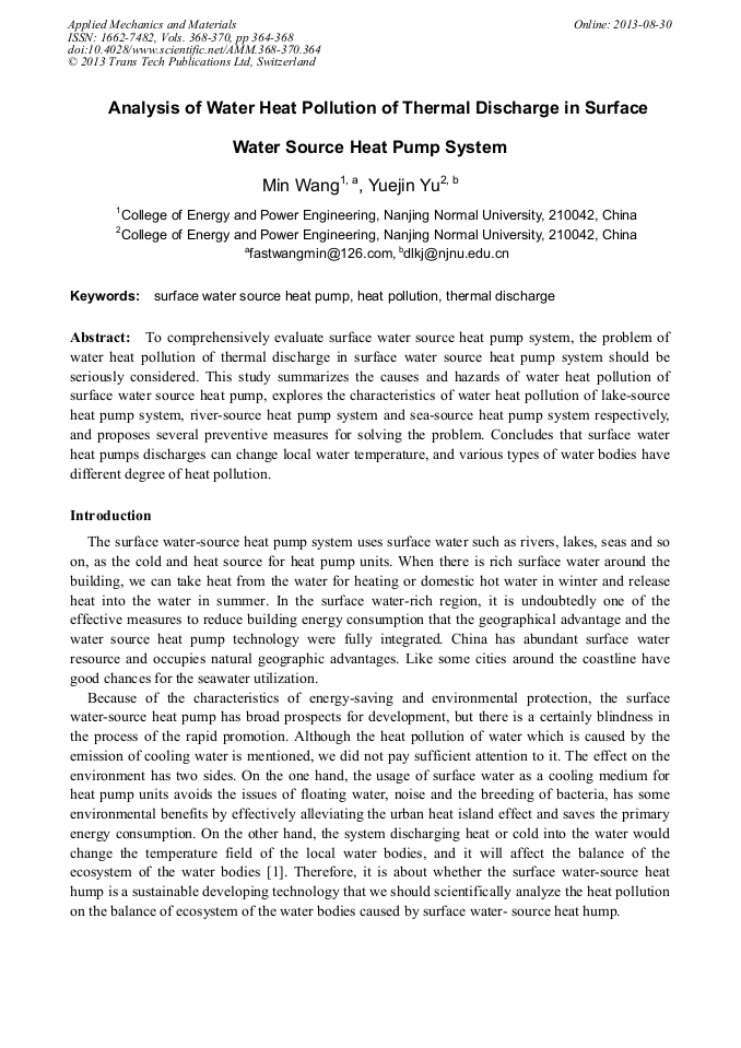 Analysis of Water Heat Pollution of Thermal Discharge in Surface Water ...