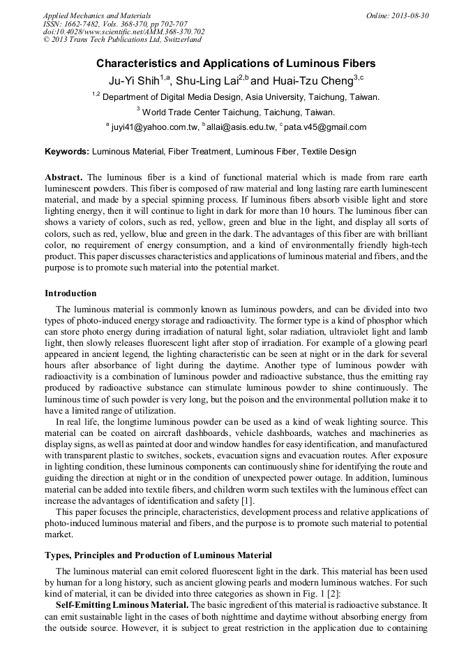 Characteristics and Applications of Luminous Fibers | Scientific.Net