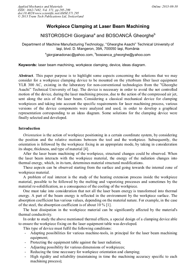 Workpiece Clamping at Laser Beam Machining | Scientific.Net