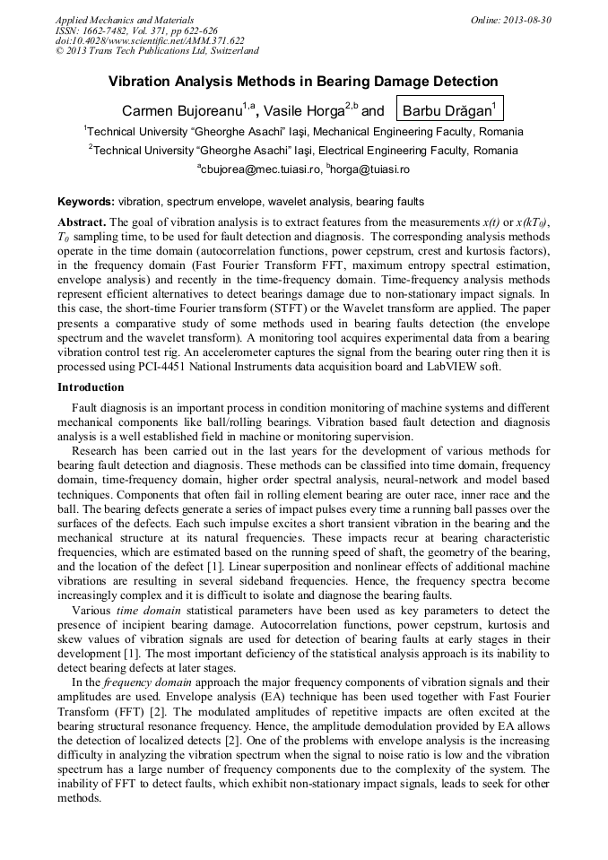 Vibration Analysis Methods in Bearing Damage Detection | Scientific.Net