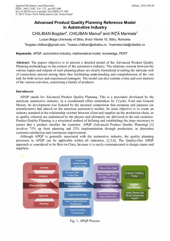 Advanced Product Quality Planning Reference Model in Automotive ...