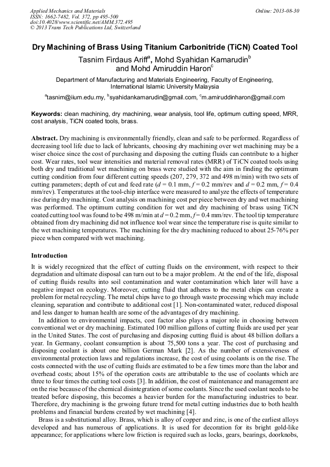 Dry Machining of Brass Using Titanium Carbonitride (TiCN) Coated Tool ...
