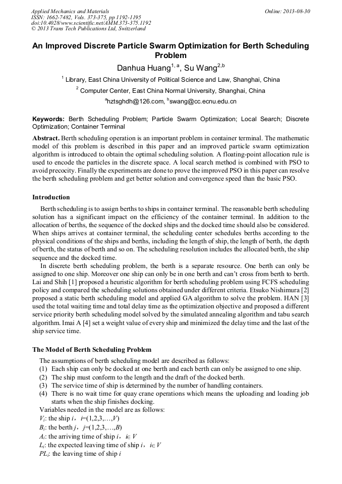 An Improved Discrete Particle Swarm Optimization For Berth Scheduling Problem Scientificnet
