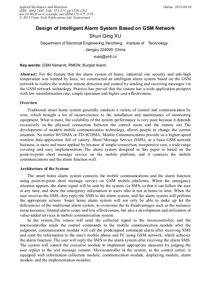 Design of Intelligent Alarm System Based on GSM Network | Scientific.Net