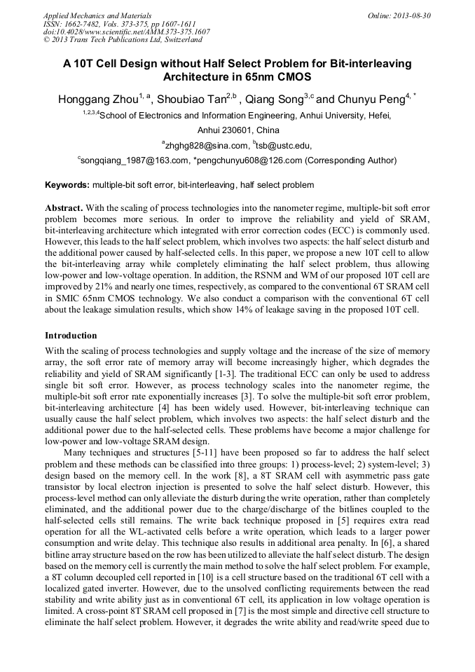 A 10T Cell Design without Half Select Problem for Bit-Interleaving ...