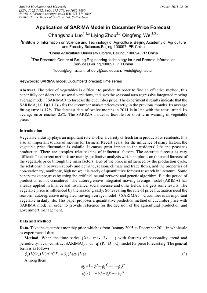 Application of SARIMA Model in Cucumber Price Forecast | Scientific.Net
