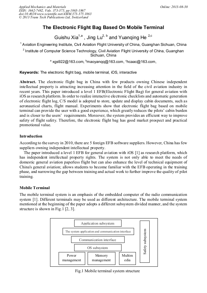 The Electronic Flight Bag Based on Mobile Terminal | Scientific.Net