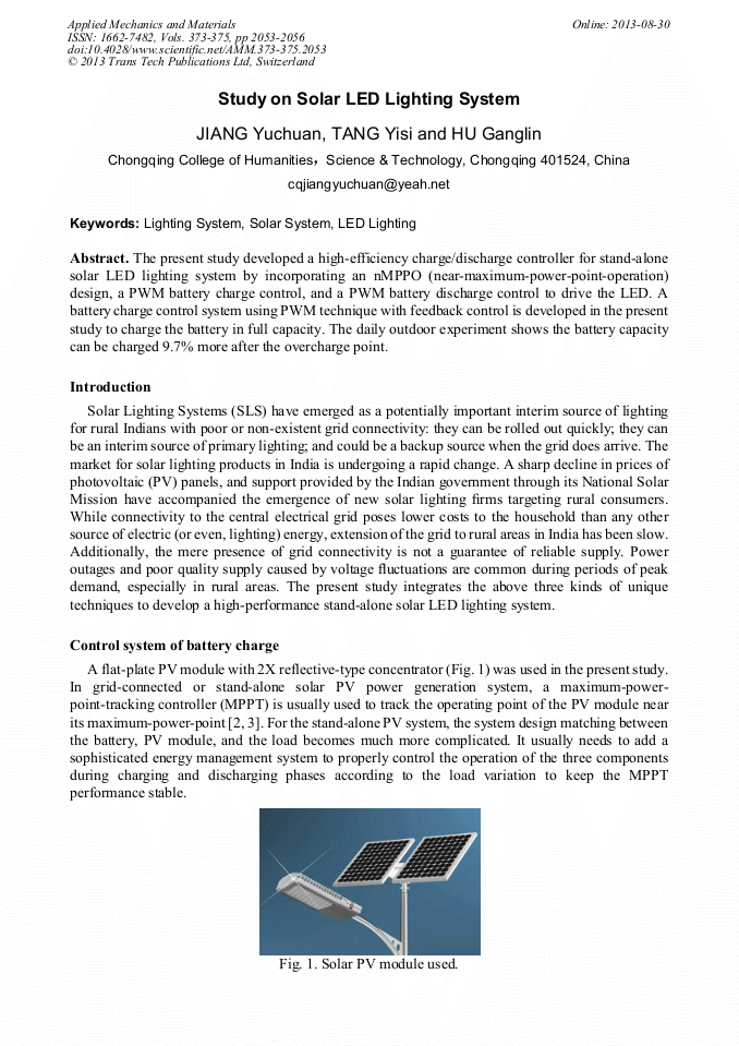 Study on Solar LED Lighting System | Scientific.Net