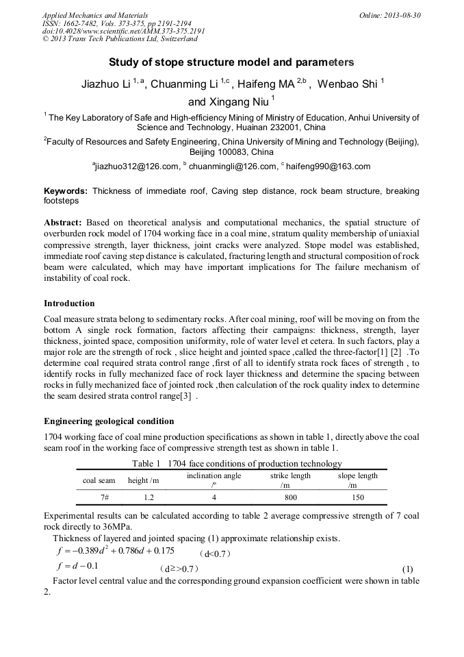 Study of Stope Structure Model and Parameters | Scientific.Net