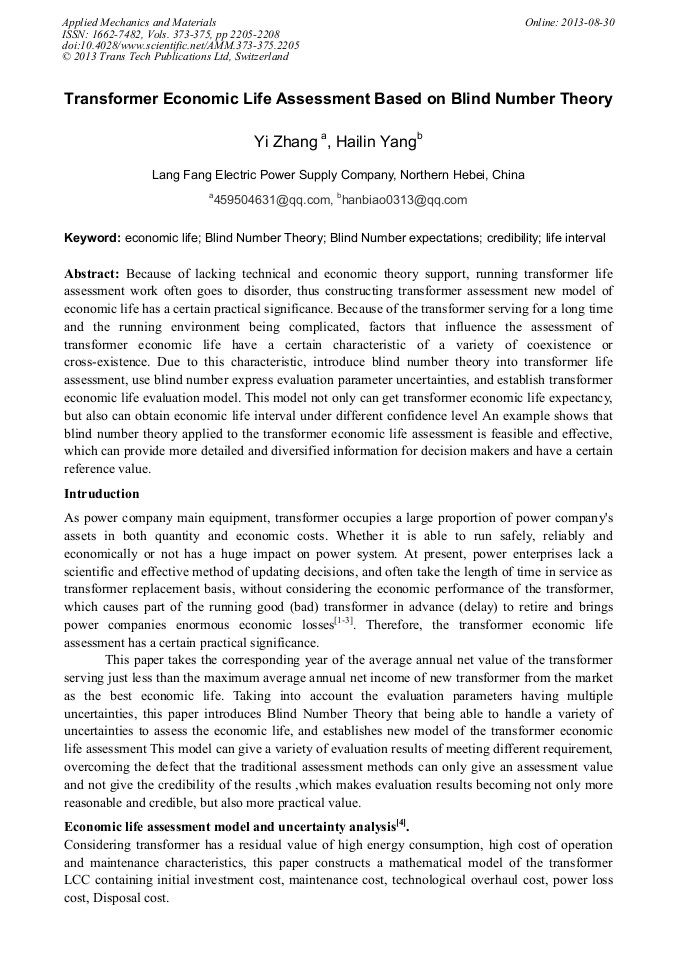 Transformer Economic Life Assessment Based on Blind Number Theory ...