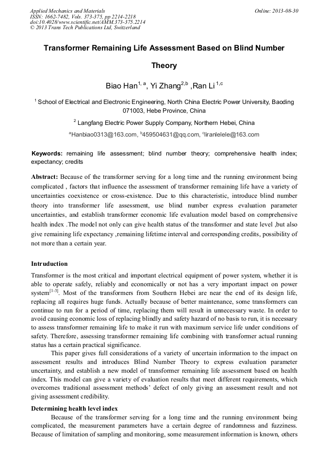 Transformer Remaining Life Assessment Based on Blind Number Theory ...