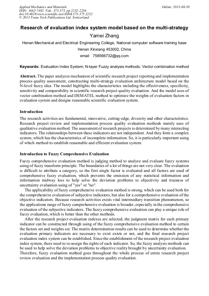 Research of Evaluation Index System Model Based on the Multi-Strategy ...