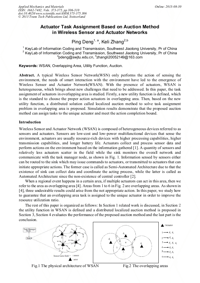 Actuator Task Assignment Based on Auction Method in Wireless Sensor and Actuator Networks ...