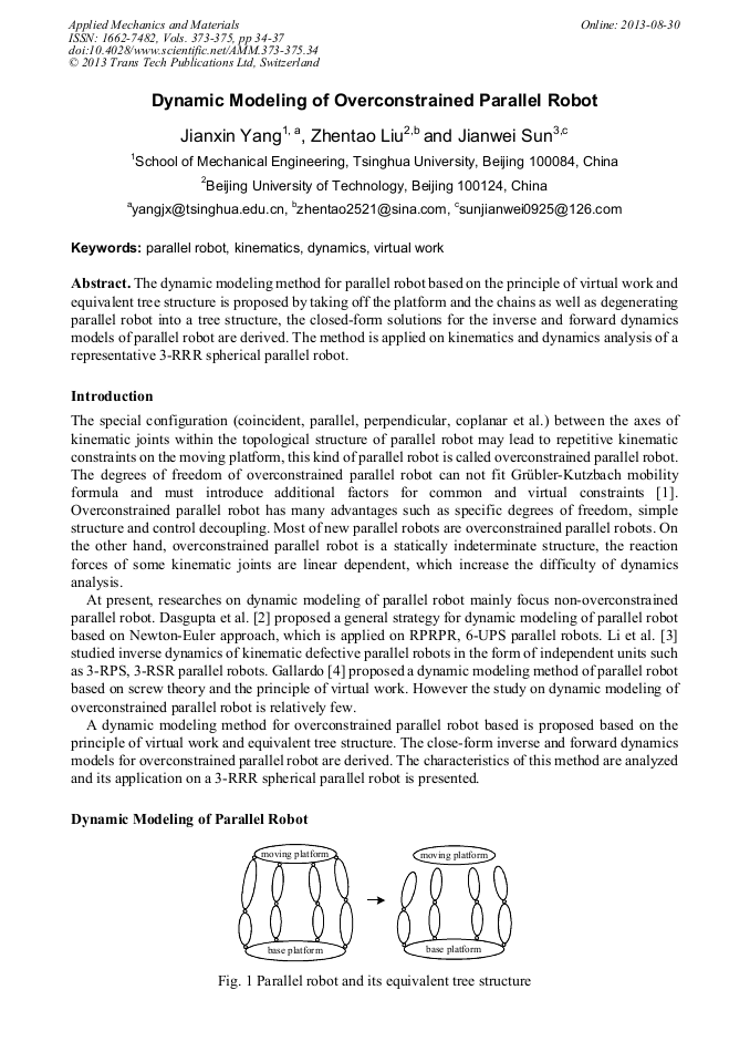 Dynamic Modeling of Overconstrained Parallel Robot | Scientific.Net