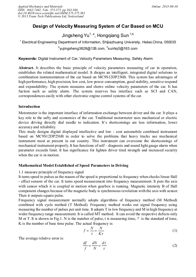 Design of Velocity Measuring System of Car Based on MCU | Scientific.Net